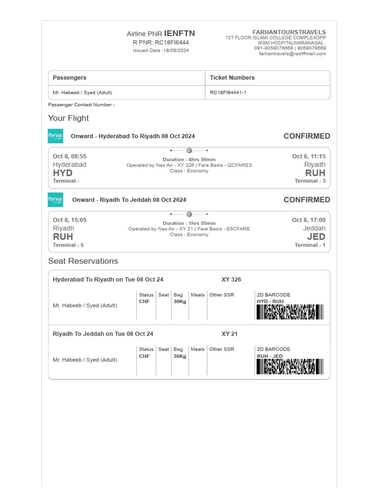 SYED HABEEB - HYD-JED - RESCHEDULE 8tH OCT 2024 | PDF | Airlines | Civil Aviation