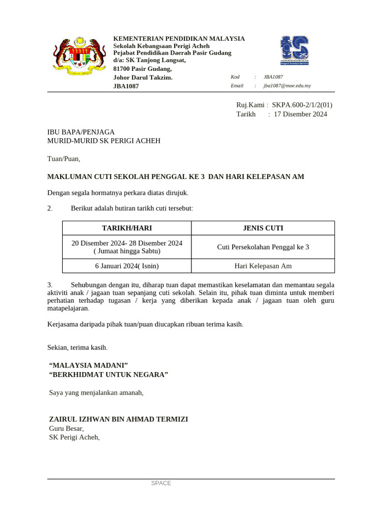 Surat Makluman Cuti Sekolah Penggal Ke 3 Dan Hari Kelepasan Am | PDF
