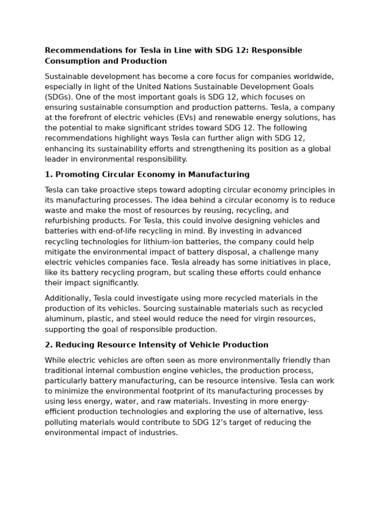 Recommendations For Tesla in Line With SDG 12 | PDF | Efficient Energy ...