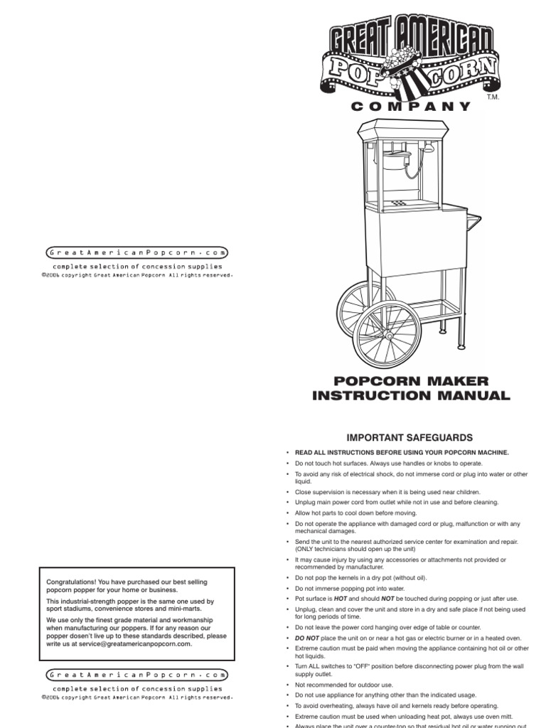Popcorn Machine Instruction Manual | PDF | Ac Power Plugs And Sockets ...