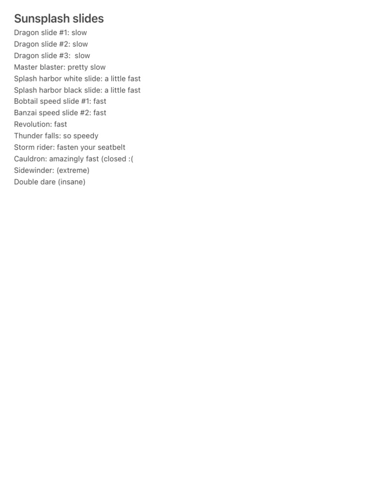 Sunsplash Slide Speed Ratings | PDF