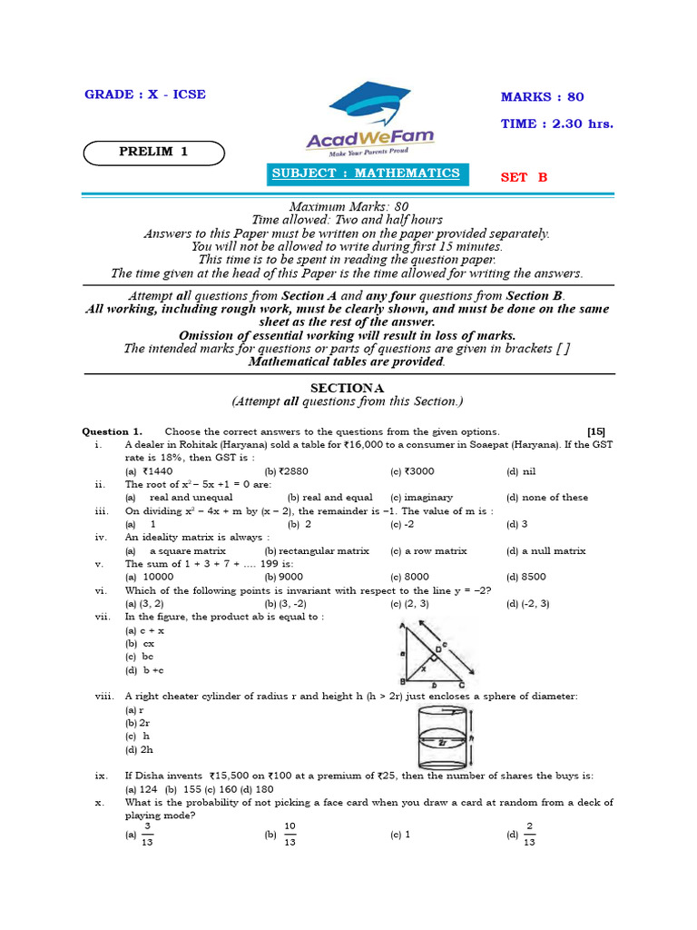 Maths - Prelim 1 - 80 Mks 10th | PDF | Mathematics