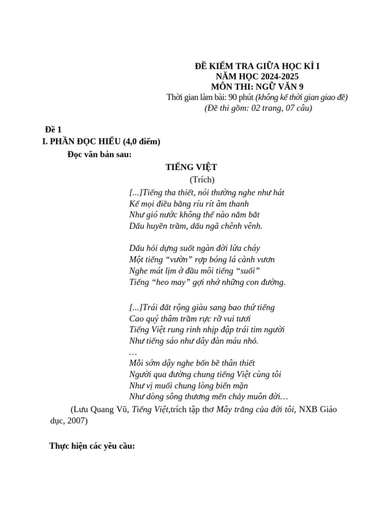 ĐỀ GKI 1 Văn 9 1 | PDF