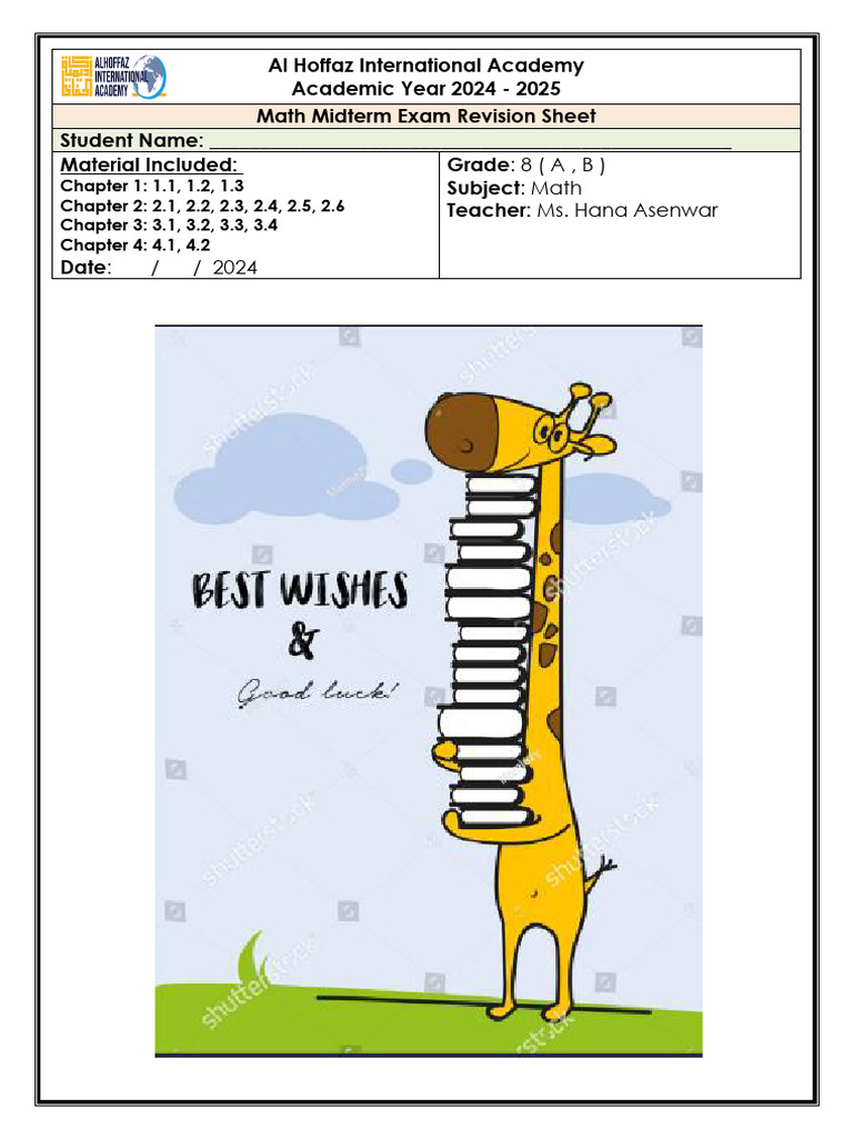 Grade 8 - Math - Midterm Exam - Revision Sheet | PDF | Percentage | Numbers