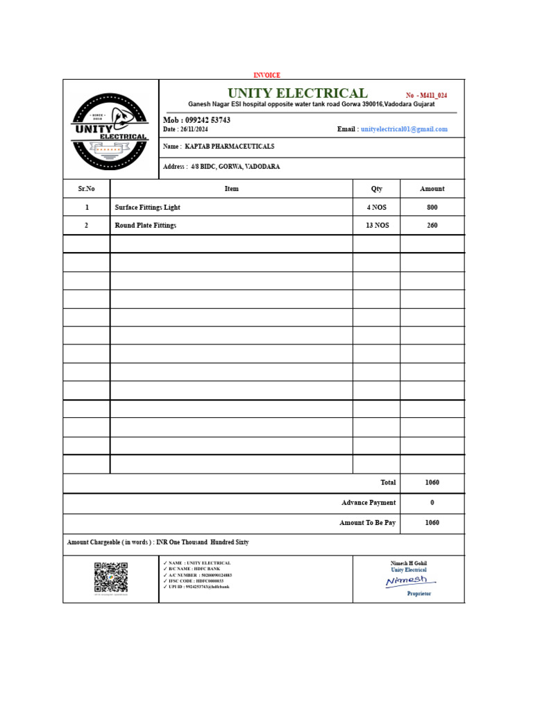Kaptab Pharmaceuticals Invoice (Unity Electrical) | PDF