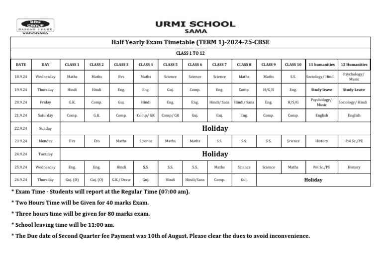 Half Yearly Exam (TERM 1) TIMETABLE CLASS 1 TO 12 -2024-25 | PDF