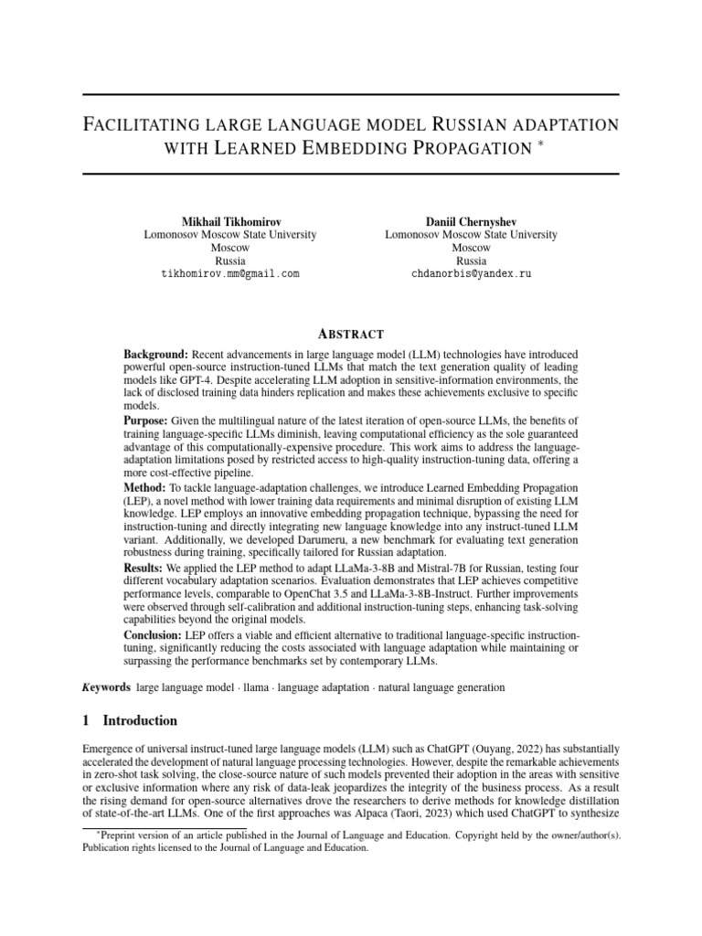 Facilitating Large Language Model Russian Adaptation | PDF