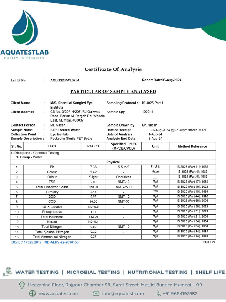 STP Treated Water Analysis Report | PDF | Chemistry | Environmental ...