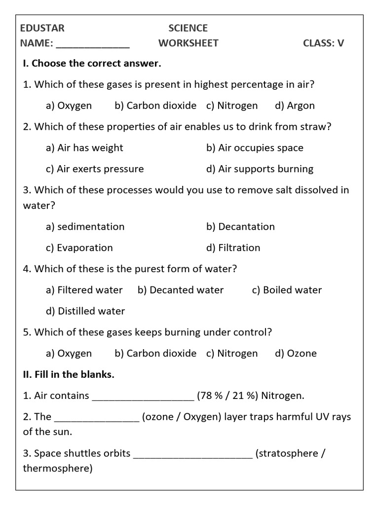 Class - 5 Science Worksheet | PDF