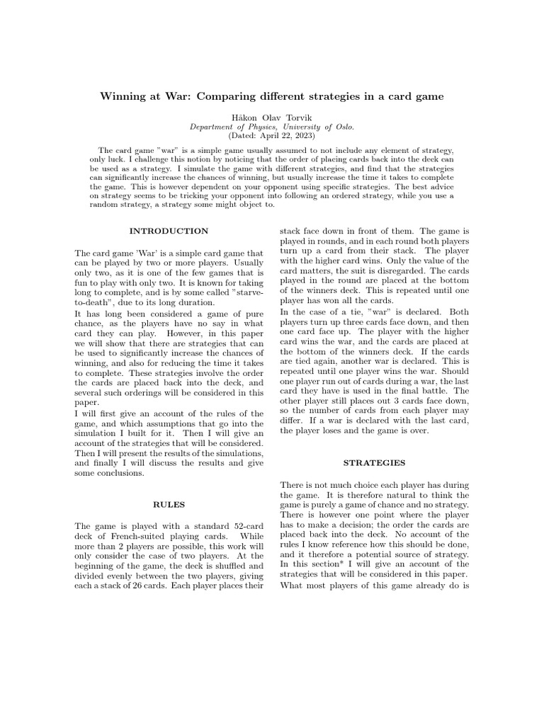 Winning Strategies for Card Game War | PDF | Playing Cards