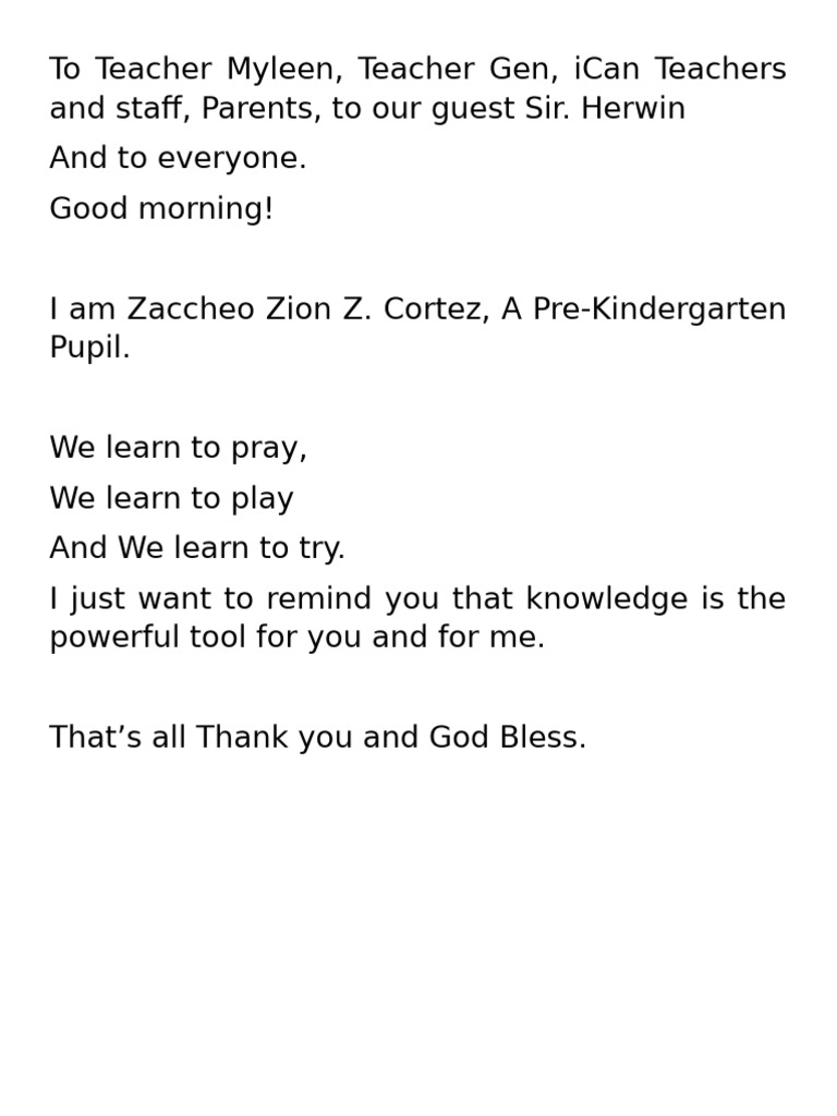 Pre-Kindergarten Student's Speech | PDF