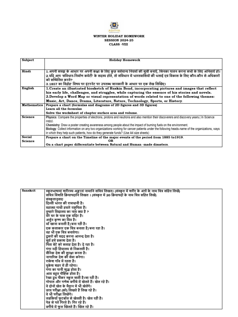 Class Viii Winter Break Holiday Homework 2024-25 | PDF