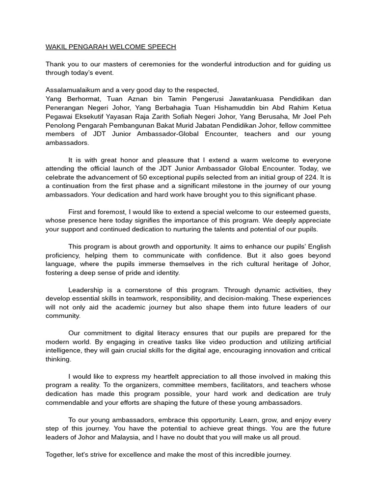 Welcome Speech Wakil Pengarah | PDF | Human Communication | Learning