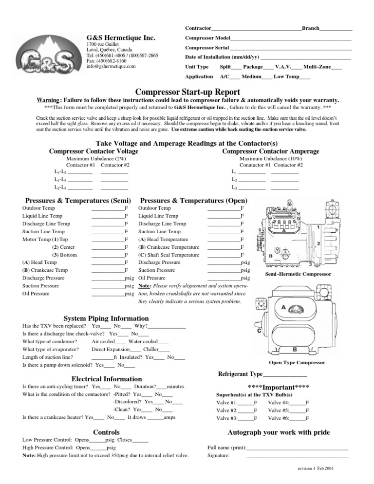Start-Up Sheet for Compressors | Gas Compressor | Heating, Ventilating ...