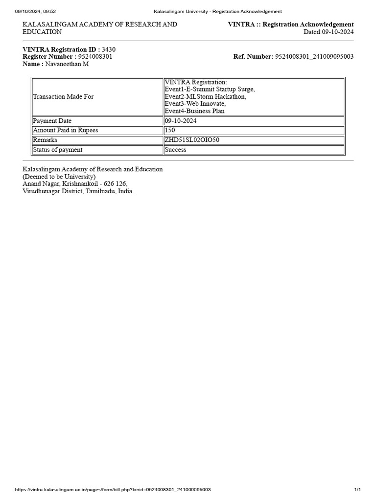 Kalasalingam University - Registration Acknowledgement | PDF