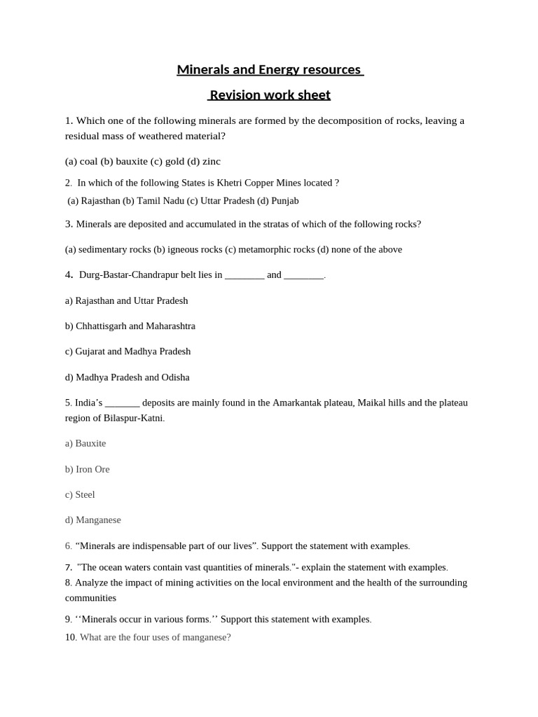 Minerals and Energy Resources Work Sheet | PDF