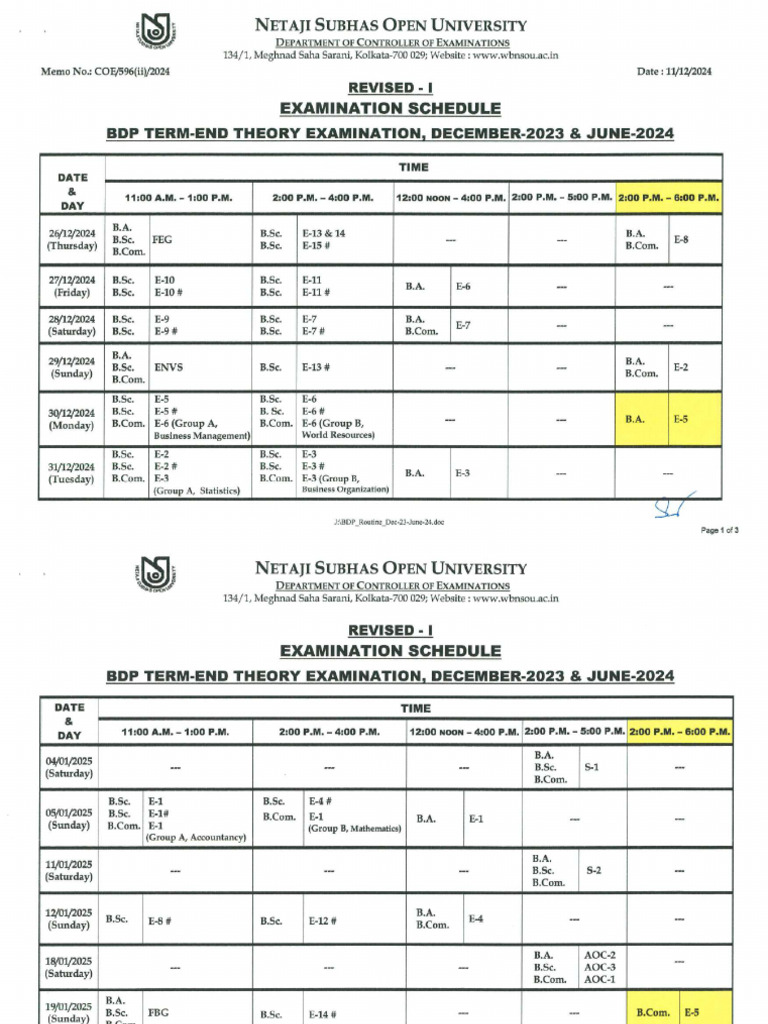 REVISED Exam Schedule BDP TEE Theory Dec2023 & June2024 | PDF