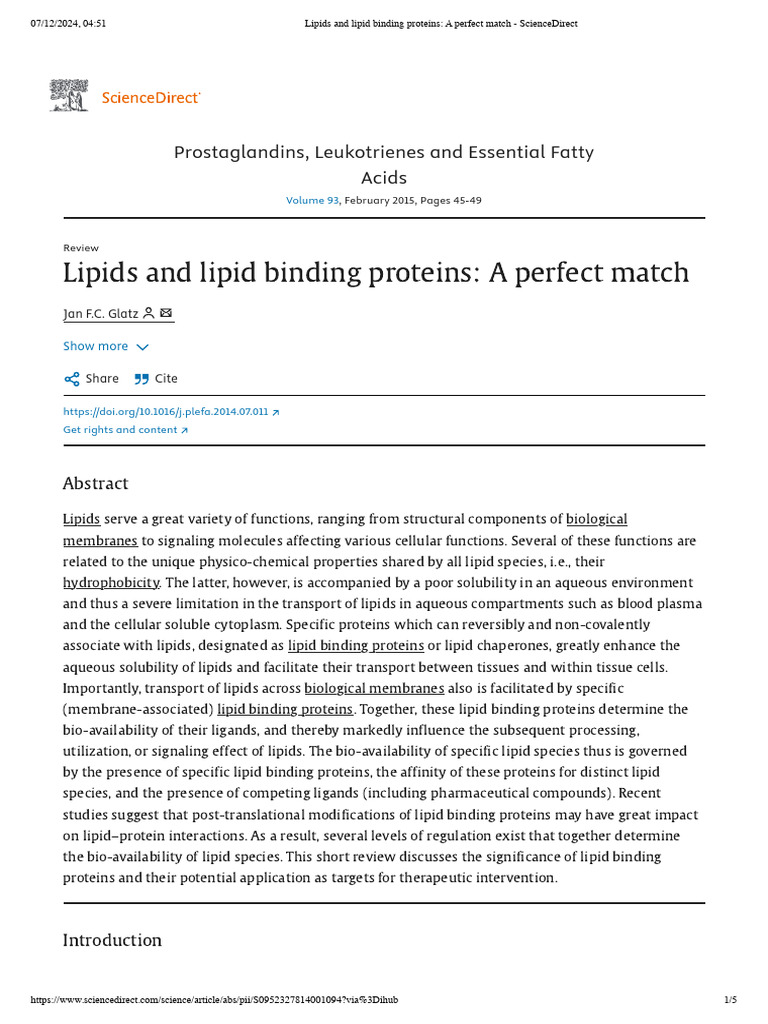 Lipids and Lipid Binding Proteins - A Perfect Match - ScienceDirect | PDF | Lipid | Proteins