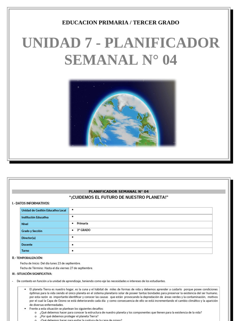Unidad 7 - Planificador sem4 - Tercer grado | PDF | Entorno natural | Aprendizaje