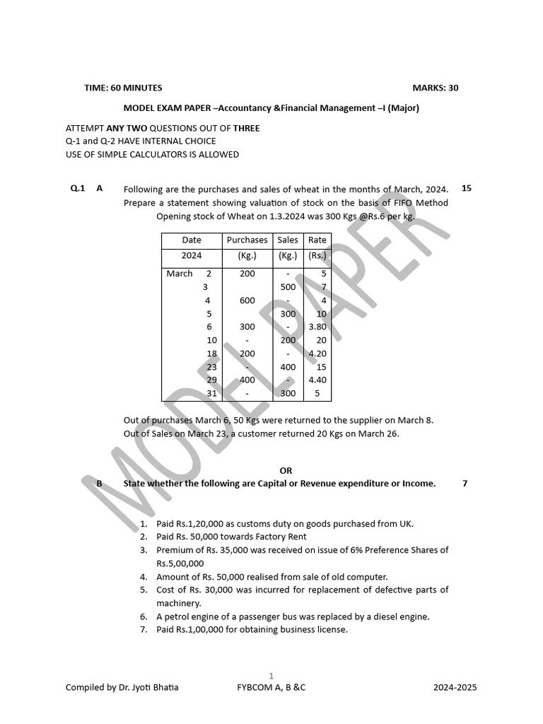 Model Paper (External) 30 Marks - Accounts (Major) | PDF | Expense | Stocks