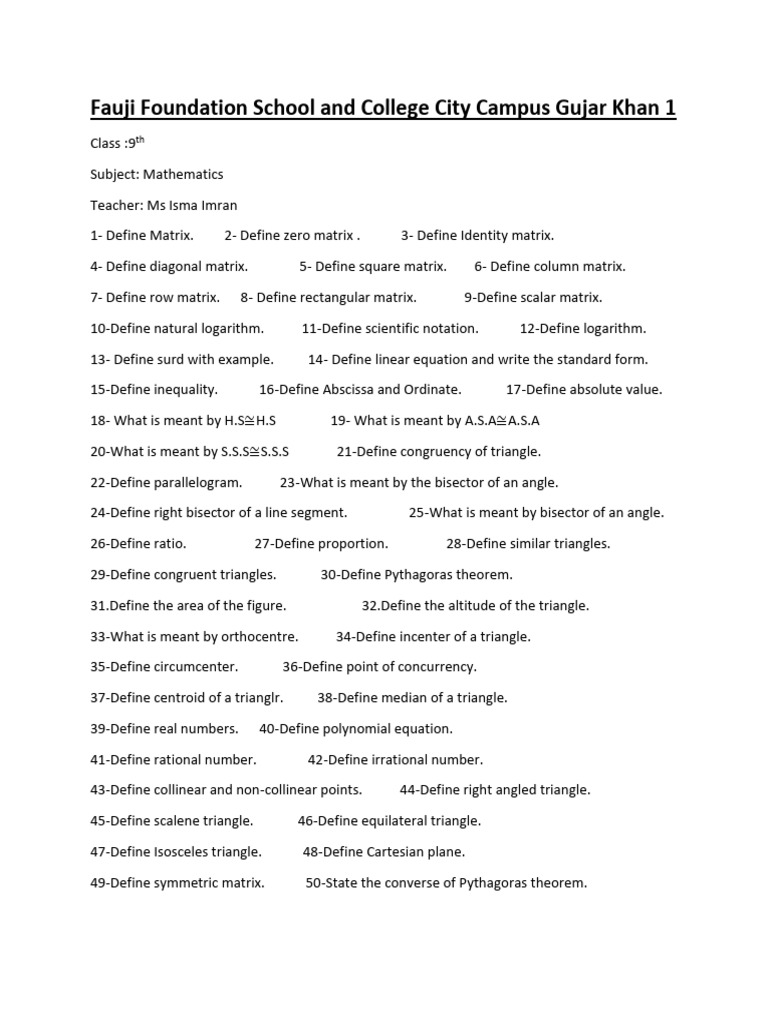Short Sections Definitions Class 9th Mathematics | PDF