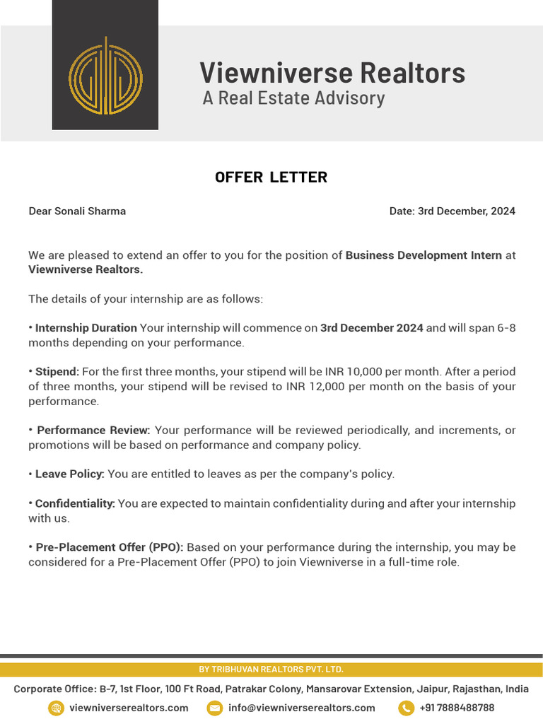 Business Development Intern Offer Letter | PDF