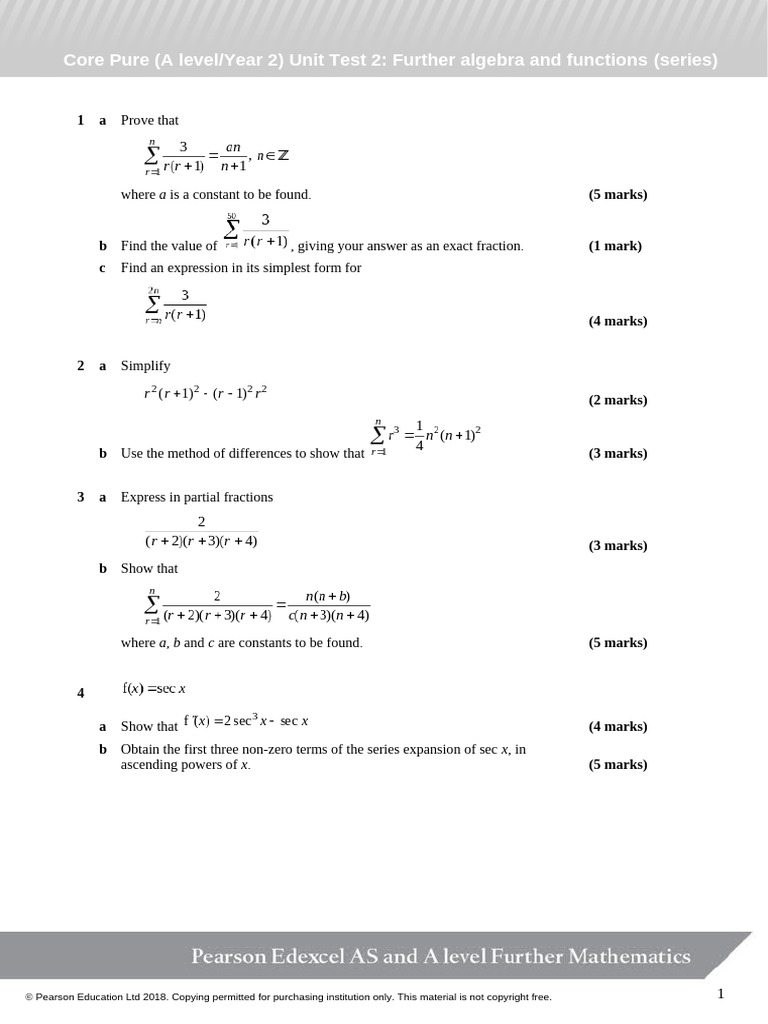 Core Pure Unit Test 2 Further Algebra and Functions Series | PDF ...
