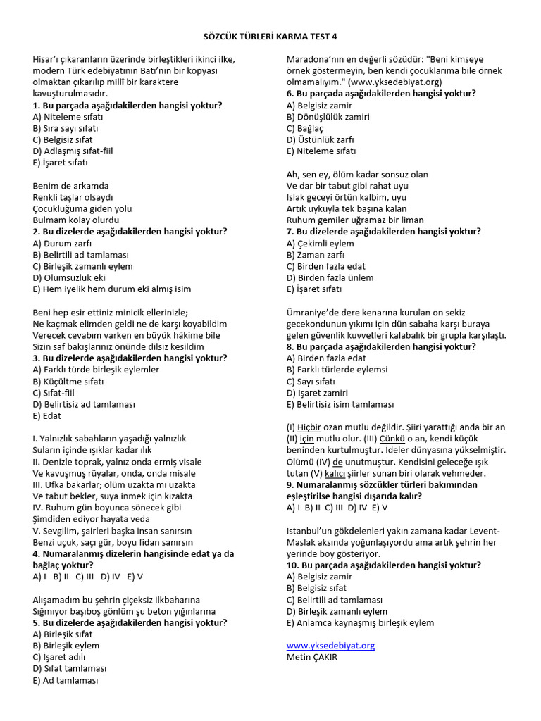 Sozcuk Turleri Karma Test 4 | PDF