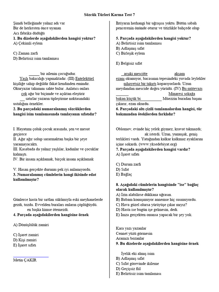 Sozcuk Turleri Karma Test 7 | PDF