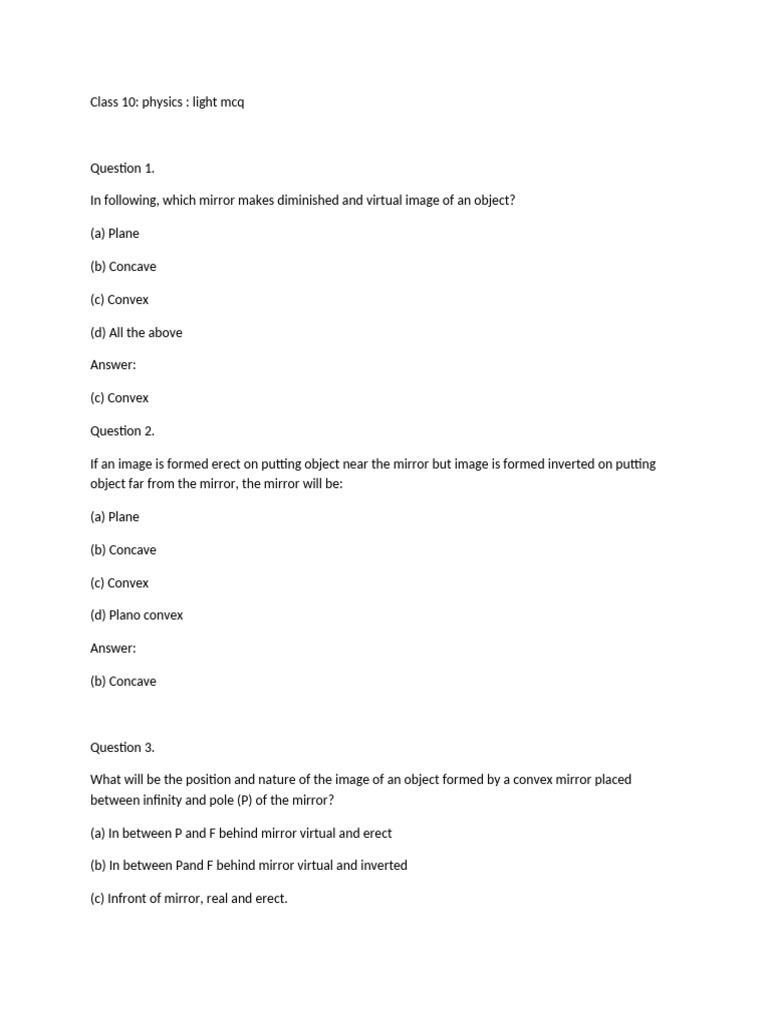 Class10 Physics Light MCQ | PDF | Color | Mirror