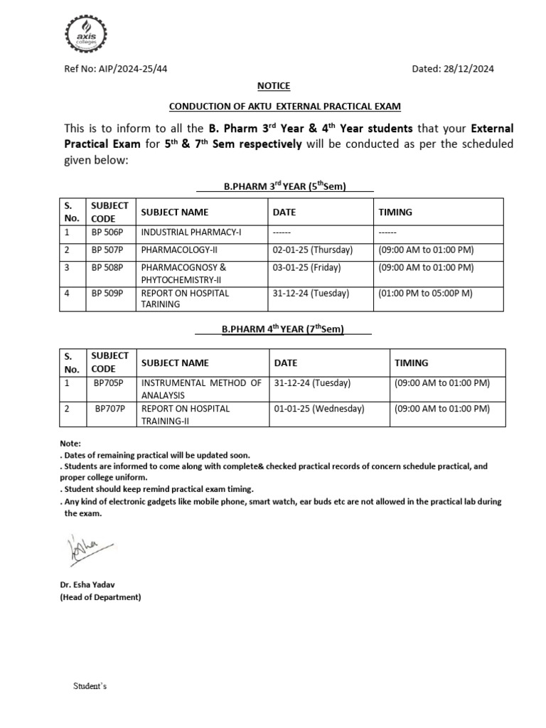 Notice. 44 A (Revised Notice) External Practical Exam Notice (28!12!24) | PDF | Pharmacy ...