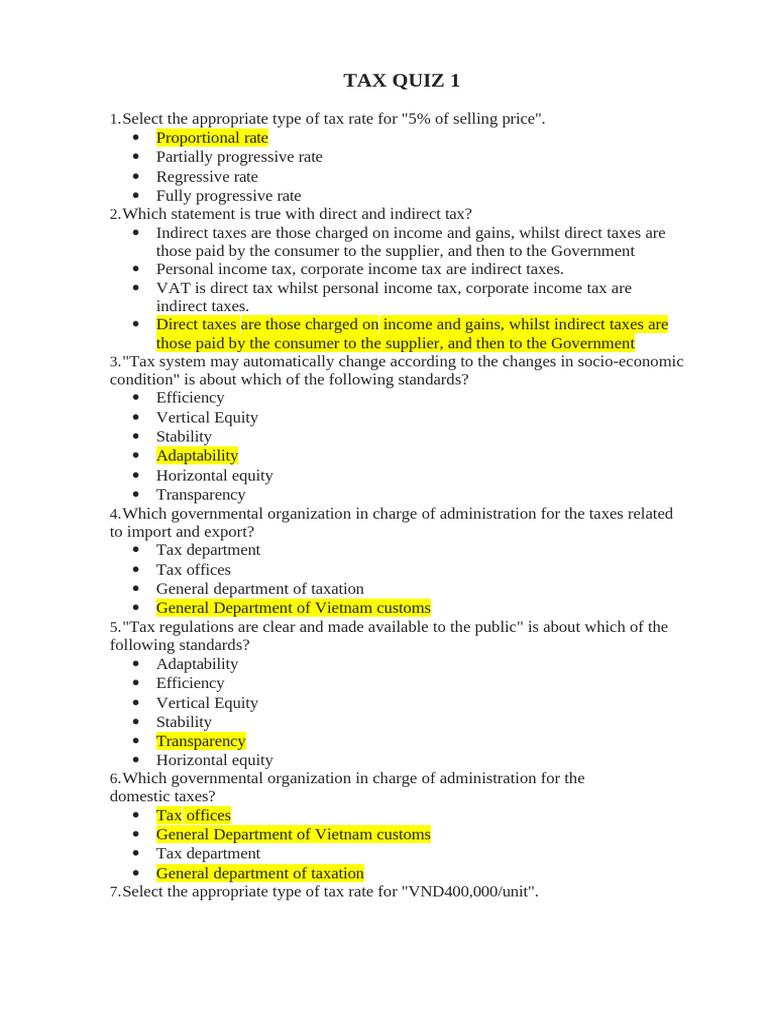 TAX QUIZ 1 | PDF | Taxes | Indirect Tax