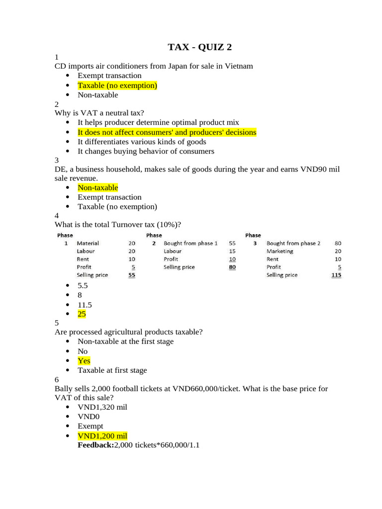 TAX QUIZ 2 | PDF | Taxes | Value Added Tax
