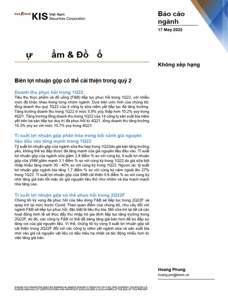 Bao Cao Nganh Thuc Pham Do Uong Bien Loi Nhuan Gop Co the Cai Thien Trong Quy 2 20220528085945 | PDF