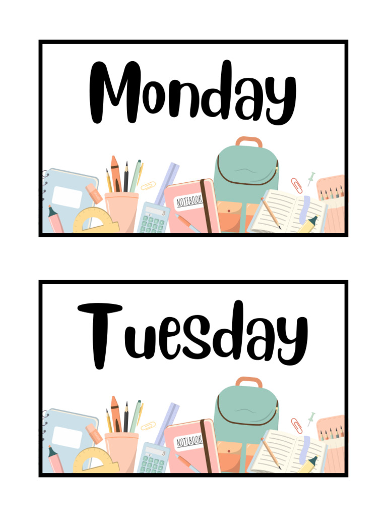 School Supplies Calendar Days of the Week Classroom Labels in Colorful ...
