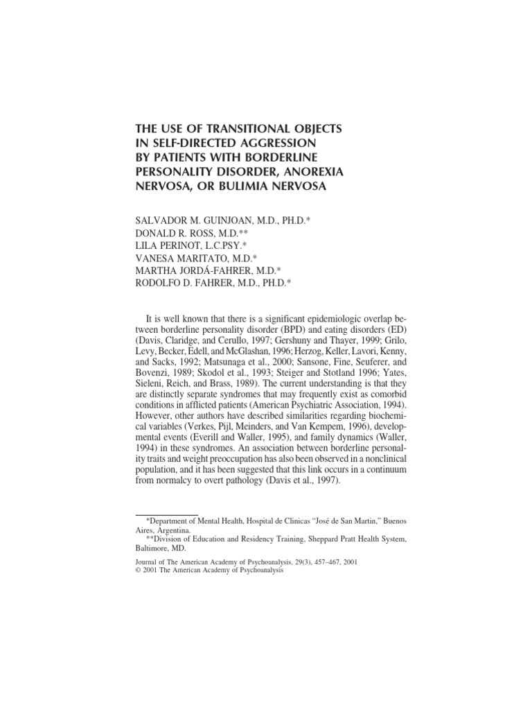 The Use of Transitional Objects in Self-Directed Aggression by Patients ...