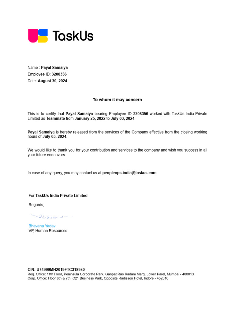 Experience Letter - Payal Samaiya | PDF