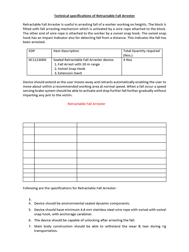 Retractable Fall Arrester Specification | PDF | Specification ...