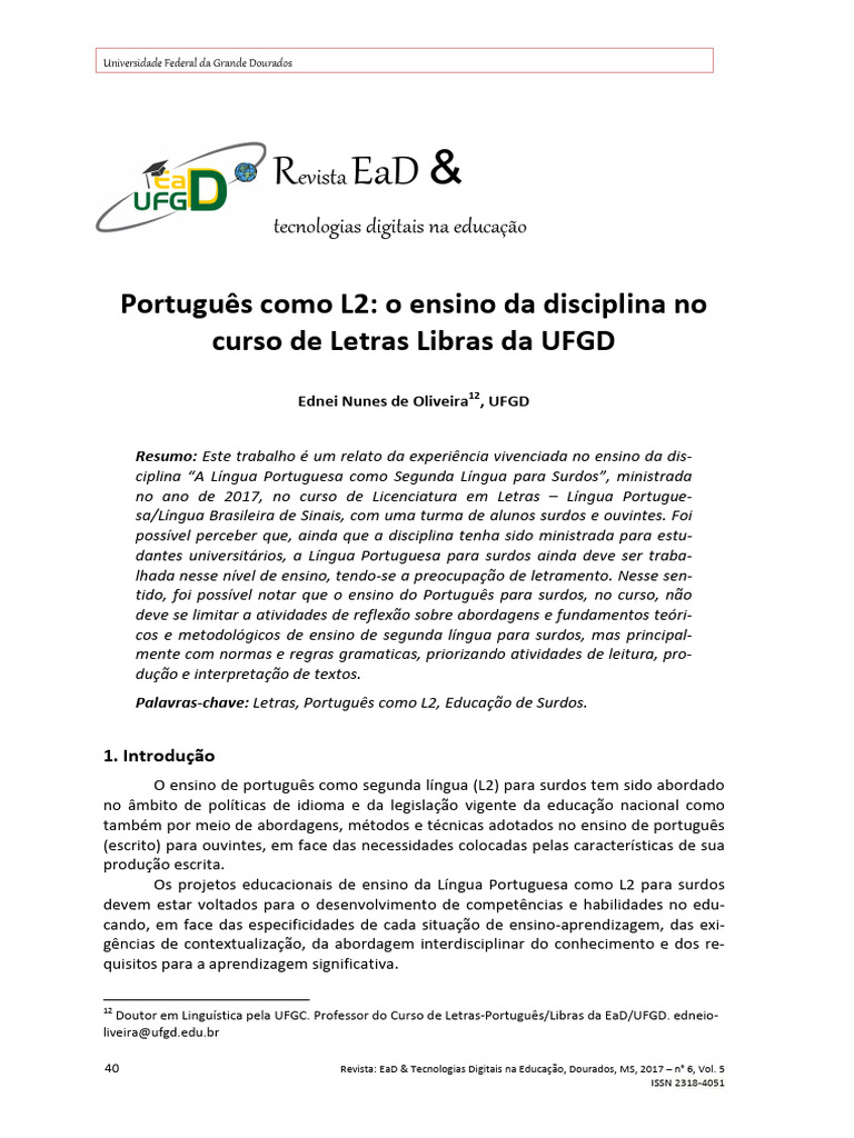 Português Como L2: o Ensino Da Disciplina No Curso de Letras Libras Da UFGD | PDF | Linguagem de ...