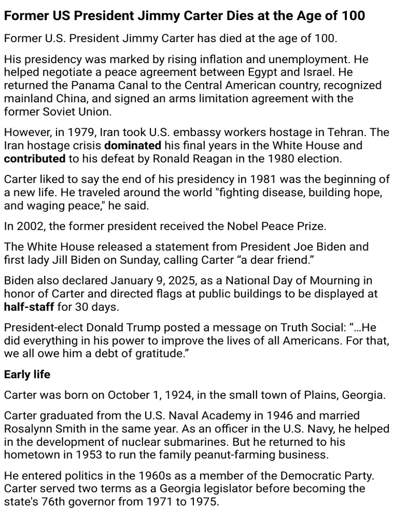 Former US President Jimmy Carter Dies at The Age of 100 | PDF | Jimmy ...