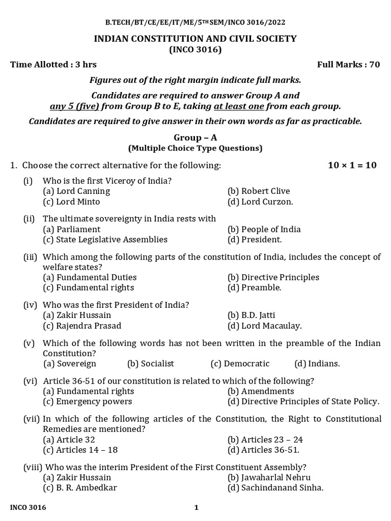 Indian Constitution and Civil Society Exam | PDF | Political Science ...