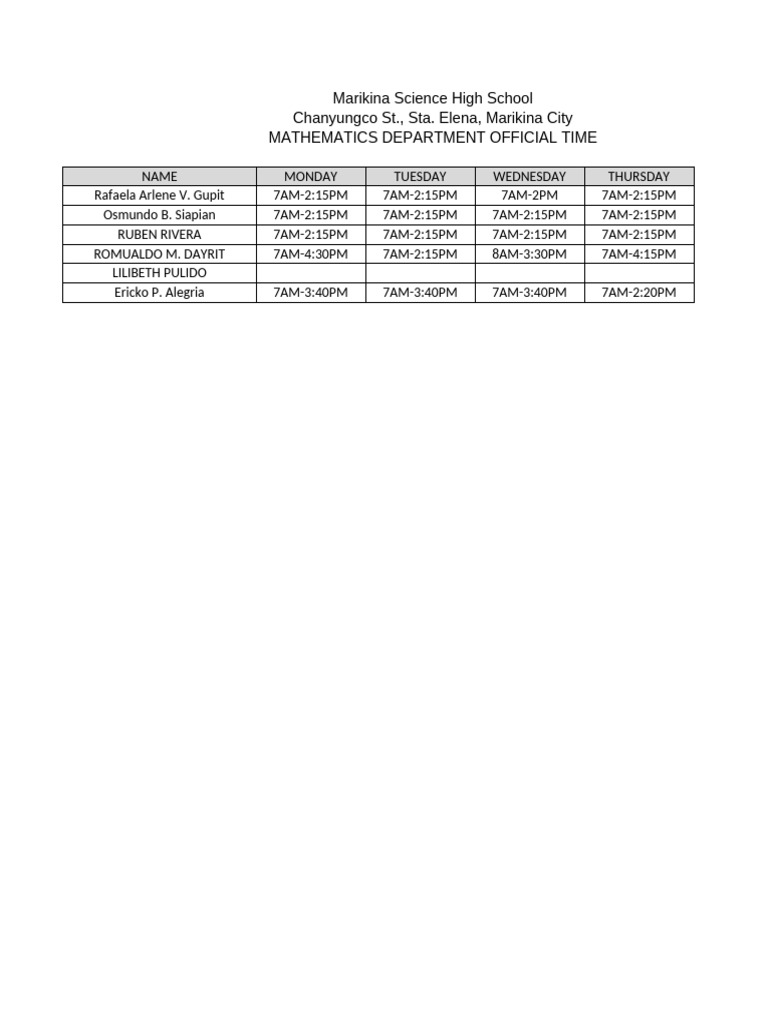 Mathematics Department Official Time | PDF