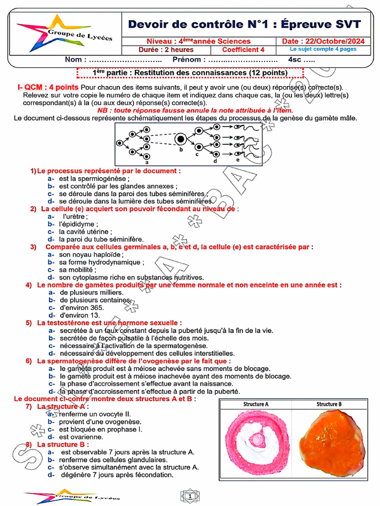 Devoir de Contrôle SVT | PDF