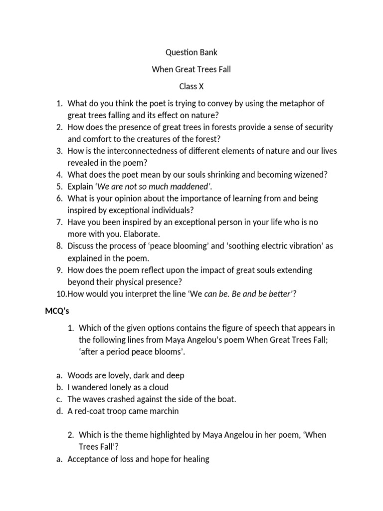 When Great Trees Fall Question Bank | PDF | Grief | Poetry