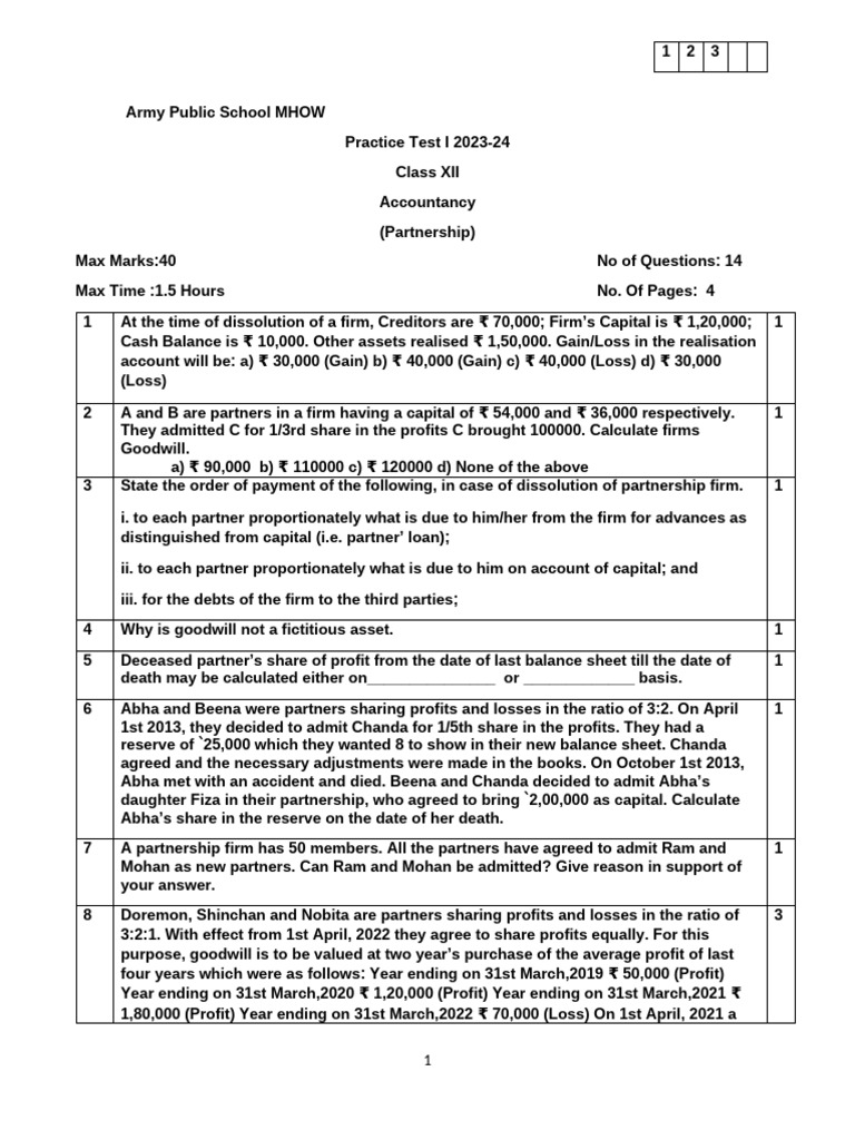 Class XII Accountancy Partnership Test | PDF | Income Statement ...