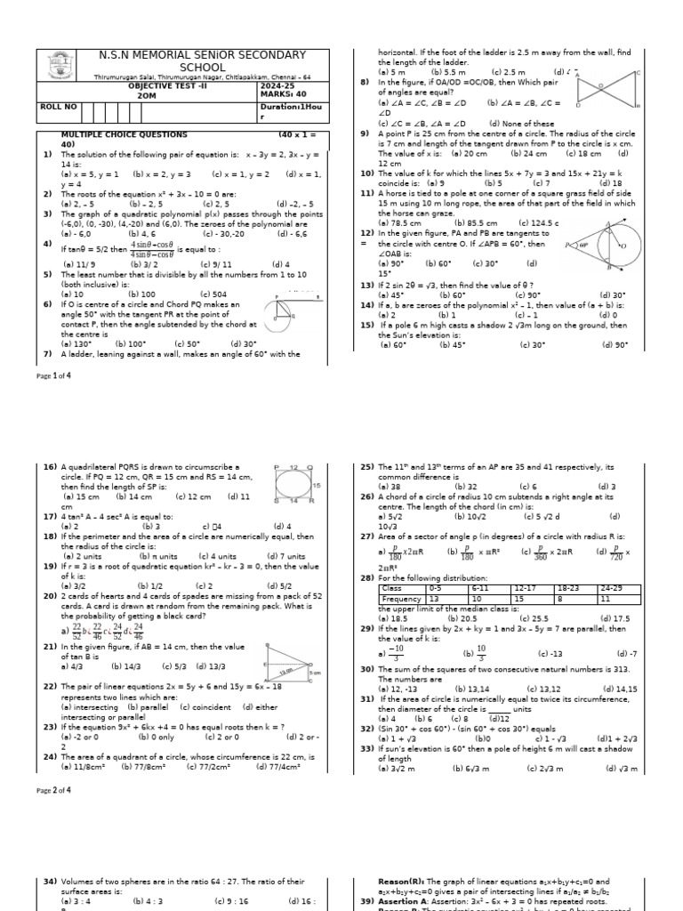 Math Objective Test for Students | PDF | Circle | Quadratic Equation
