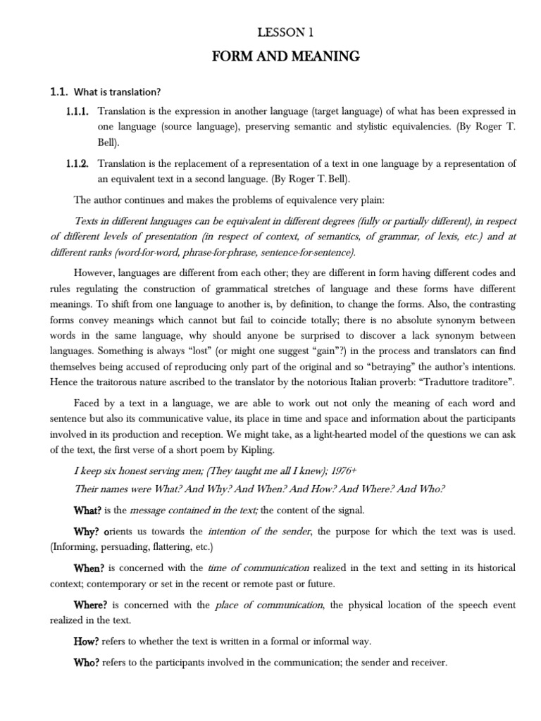 HOAN CHINH Lecture - Theory of Translation - Baohl | PDF | Semantics | Translations