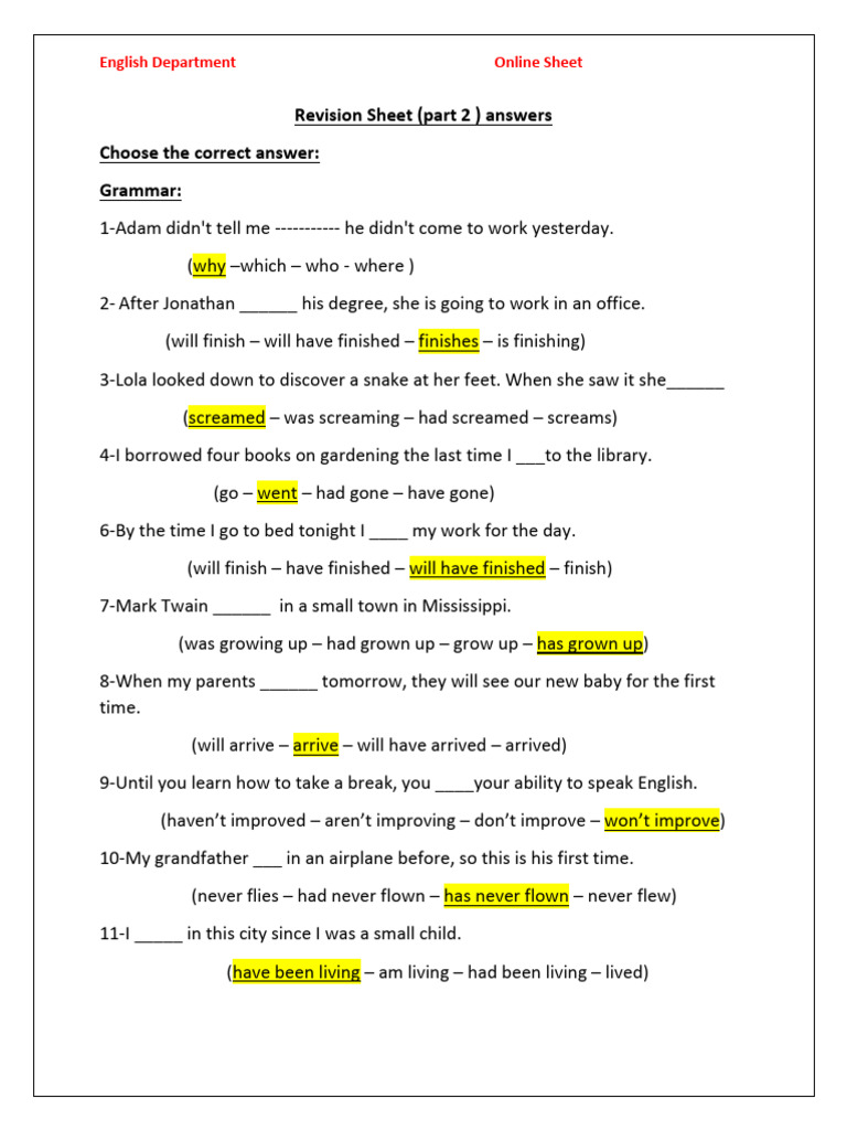 Mid Year Revision Part 2 Answers Prep 3 (2025) | PDF | Books