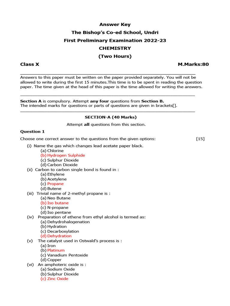 Class X Chemistry Exam Answer Key | PDF | Hydroxide | Acid