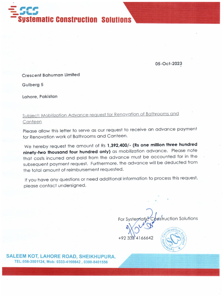 Mobilization Advance Letter-Renovation Work | PDF | Business | Economies